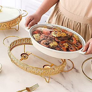 HONHPD 3 Piece Set Stainless Steel Oval Chafing Dish Buffet Set, Ceramic Marble Finish Chafer with Glass Lid, Chafer and Buffet Warmer Set for Buffet Weddings Parties Banquets, Golden