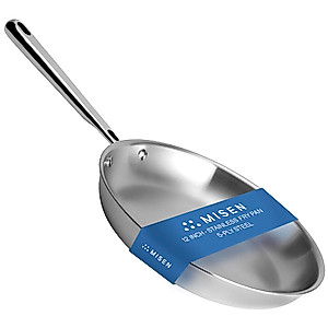 Misen 5-Ply Professional Stainless Steel Pan - Superior Heat Retention & Larger Cooking Surface for Searing & Sautéing - Cool Ergonomic Handle -12 Inch