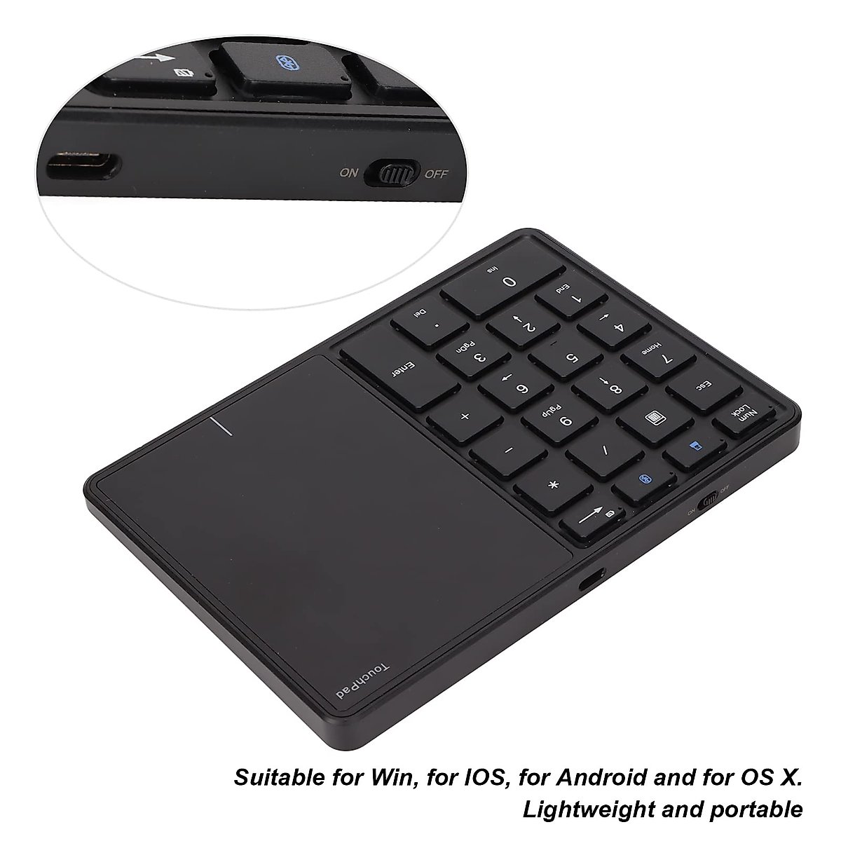 Sanpyl Numeric Keypad, 2 in 1 22 Keys 2.4G Touchpad Bluetooth 4.2 Number Pad, Type C Charging 500mAh Financial Accounting Keyboard, for Laptop, PC, Desktop(Black)