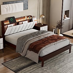 HZXINKEDZSW Full Size Platform Bed with USB Charging Station and Storage Upholstered Headboard,Wooden Bed Frame with LED Lights for Kids Teens Adults,No Box Spring Needed (Walnut+Beige, Full)