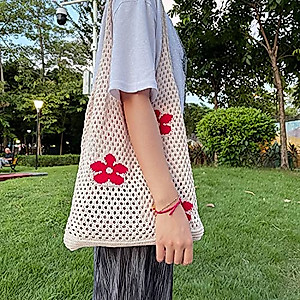 AIYUENCICI Crochet Tote Bag, Fairy Hobo Bag for Women Aesthetic Bag Y2k Purse Knitted Shoulder Bag for Girls Mesh Beach Bags (Beige)