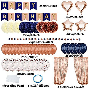 Recosis Birthday Decorations for Women, Navy Blue Rose Gold Birthday Party Decorations for Men Women Boys Grils, Happy Birthday Banner Pompoms foil Balloons Curtains for Birthday Party Decor Suit