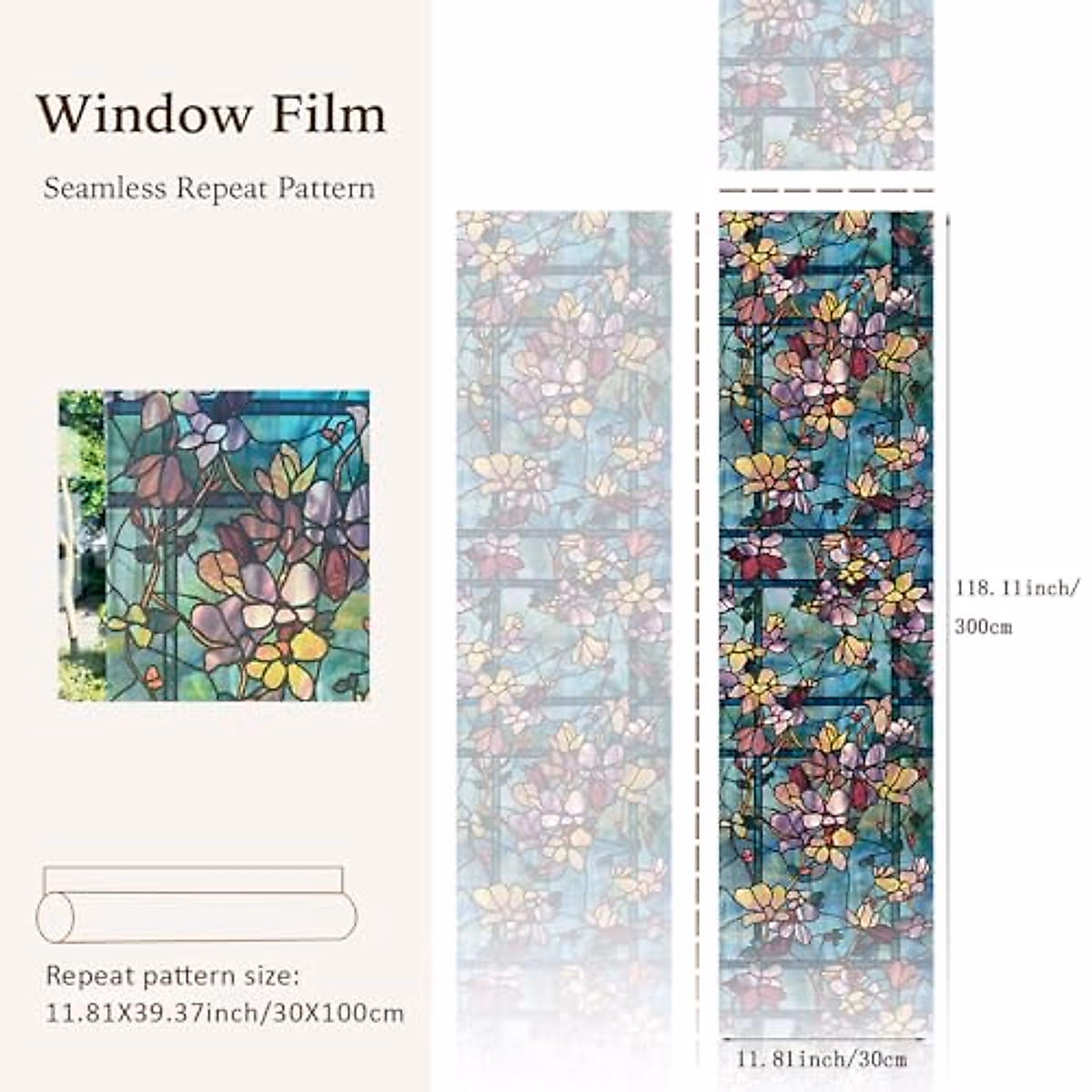 funlife Double-Sided Privacy Floral Stained Glass Window Film, Removable Frosted Texture Flower Static Window Cling Glass Covering Window Decor Suitable for Entryway, Blue Magnolia 11.8"X118"