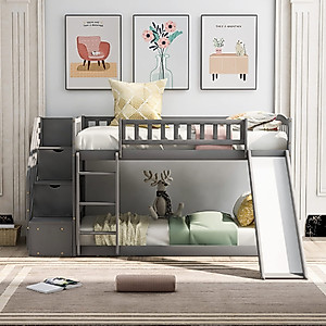 Harper & Bright Designs Kids Bunk Bed Twin Over Twin, Wooden Bunk Bed with Slide and Guardrail, Floor Bunk Bed with Stairway/Two Drawers/Handrail, Space-Saving Bedroom Dormitory Furniture (Gray)
