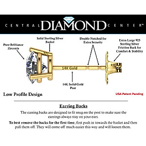 Central Diamond Center 14K Gold Post & Sterling Silver Zirconia 3 Prong Martini Stud Earrings- Yellow Gold Plated 6.50mm 2.00ctw