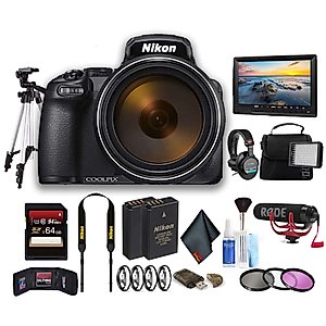 Nikon COOLPIX P1000 Digital Camera (26522) Professional Bundle with Bag, Extra Battery, LED Light, Mic, Filters, Tripod, Monitor and More - (International Model) (Renewed)