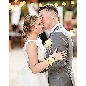 Ndeno Ivory Rose Wrist Corsage and Boutonniere Set Artificial Men Wristlet Band Bracelet for White Wedding Flowers Ceremony Accessories Prom Suit Decorations（6pcs Boutonnieres,Champagne）