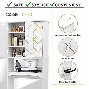 AZODY Over The Toilet Storage Cabinet with Gold Trim, Modern Bathroom Organizer Over Toilet with Adjustable Shelves and Toilet Paper Holder for Bathroom, White