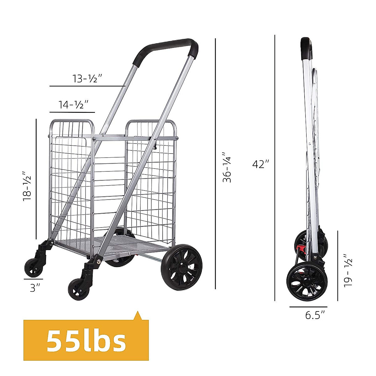 OmniRolls Grocery Shopping Cart with Swivel Wheels, Folding Shopping Cart with Wide Cushion Handle, Mesh Bottom and Brake System, Silve,