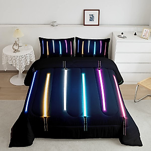 Colorful Lightsaber Comforter for Boys Kids,Lightsaber Comforter Set Queen Size Home Decor,Soft Colorful Neon Bedding Set,Modern Cool Teens Bedroom Down Duvet,1 Comforter with 2 Pillowcases