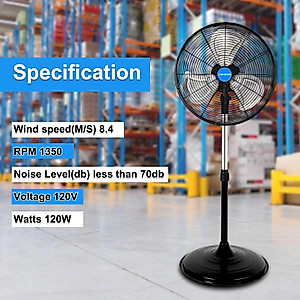 KEN BROWN 20 Inch Pedestal Floor Fan 6000CFM, Oscillating Standing Fan, Adjustable Height, 3 Speeds, Aluminum Blades, Metal Stand Up Fan For Industrial, Commercial, Residential, Shop