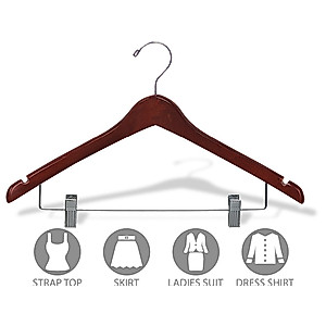 The Great American Hanger Company Wood Curved Combo Hanger w/Adjustable Cushion Clips, Box of 100 17 Inch Wooden Hangers w/Walnut Finish & Chrome Swivel Hook & Notches for Shirt Jacket or Dress