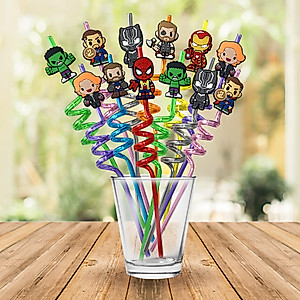 32Pcs Superhero Straws for Avenger Party Favor - 32Pcs Reusable Drinking Straws with 8 designs+36 Stickers+2 Brushes. Perfect For Superhero Party Supplies, Great for Avenger Themed Party