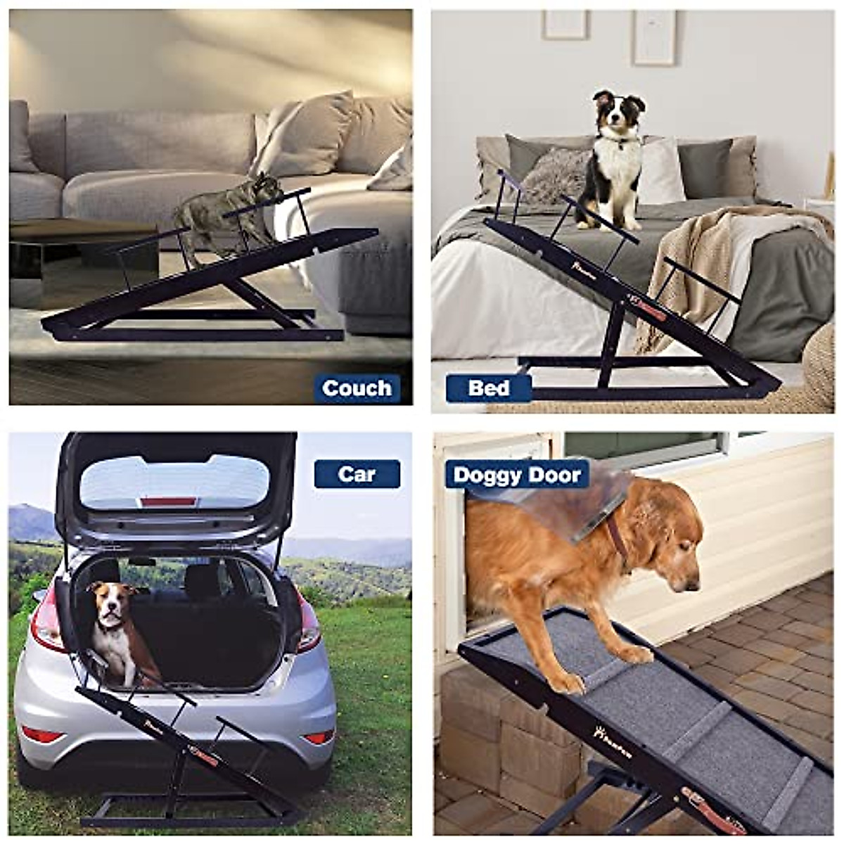 Adjustable Pet Ramp for All Dogs and Cats, 48" Long with Safety Side Rails - for Couch or Bed with Paw Non Slip Traction Mat & Steps, Adjustable Height - Sturdy, Dog Training Manual (Black)