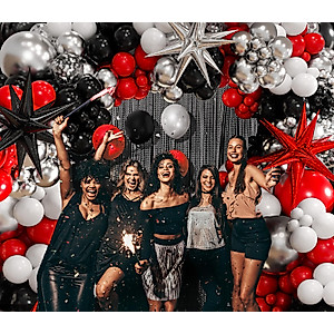 Red and Black Balloon Arch Kit with Star Balloons, Red Black and White Metallic Silver Balloon Arch Garland Kit for Birthday Prom Red Black Graduation 2024 Party Decorations