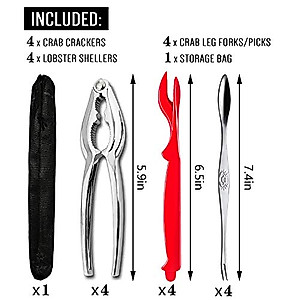 13 Pieces Crab Leg Crackers Set Including 4 Nut Crackers, 4 Lobster Shell Forks, 4 Stainless Steel Forks and 1 Portable Bag, Crab Crackers and Tools, Dishwasher Safe