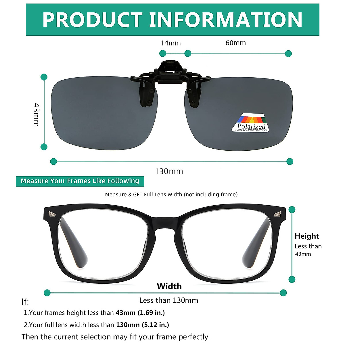 Eyekepper Flip-up Clip-on Sunglasses Polarized 60x43 MM 4-Pack Metal Glasses Clip