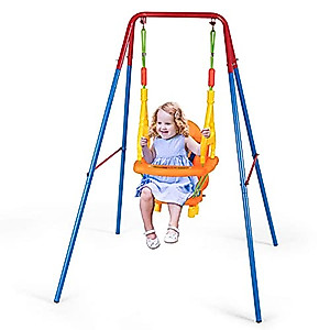 Costzon Toddler Swing Set, Outdoor A-Frame Swing for Backyard with Safety Harness and Handrails, Swing Stand Frame with Anti-Rust Frame for Outdoor Garden Backyard Kindergarten (Swing with Handrails)