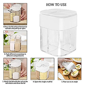 4 Pack 4 in 1 Plastic Salt and Pepper Shaker, 4 Grids Flip Empty Spice Dispensers Travel Spice Container Compartment Seasoning Shakers with Lid Travel Spice Jars with Labels for Cooking BBQ