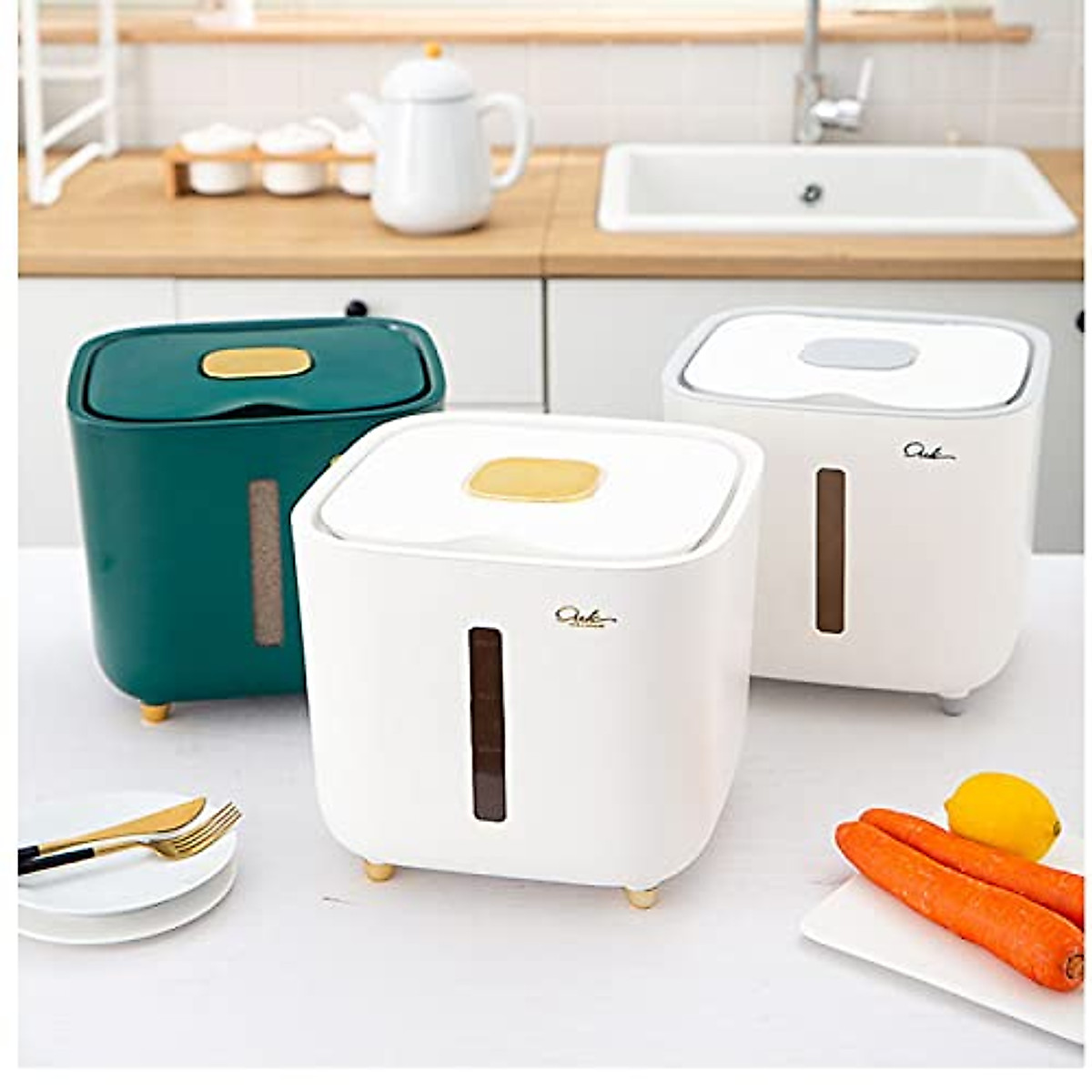 HOMHOLDON 22 Lbs Rice Dispenser, Large Sealed Grain Storage Container with Measuring Cup Food Dispenser Kitchen Organizer Storage bins for Rice,Beans,Grains,Cereal Dry Food,Pet Food(White&Gold)