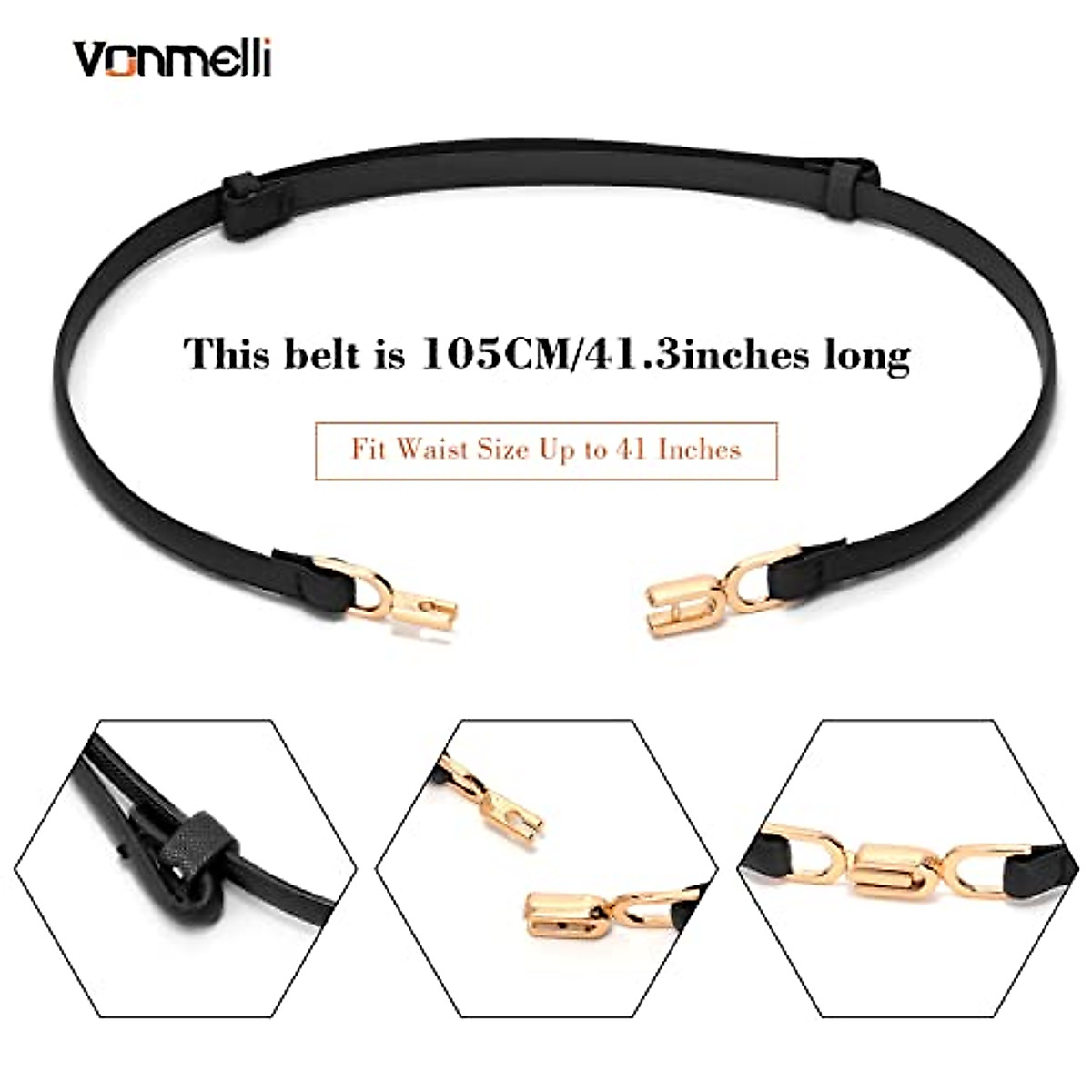 VONMELLI Women's Leather Skinny Belt for Dress Adjustable Thin Waist Belt for Ladies Black