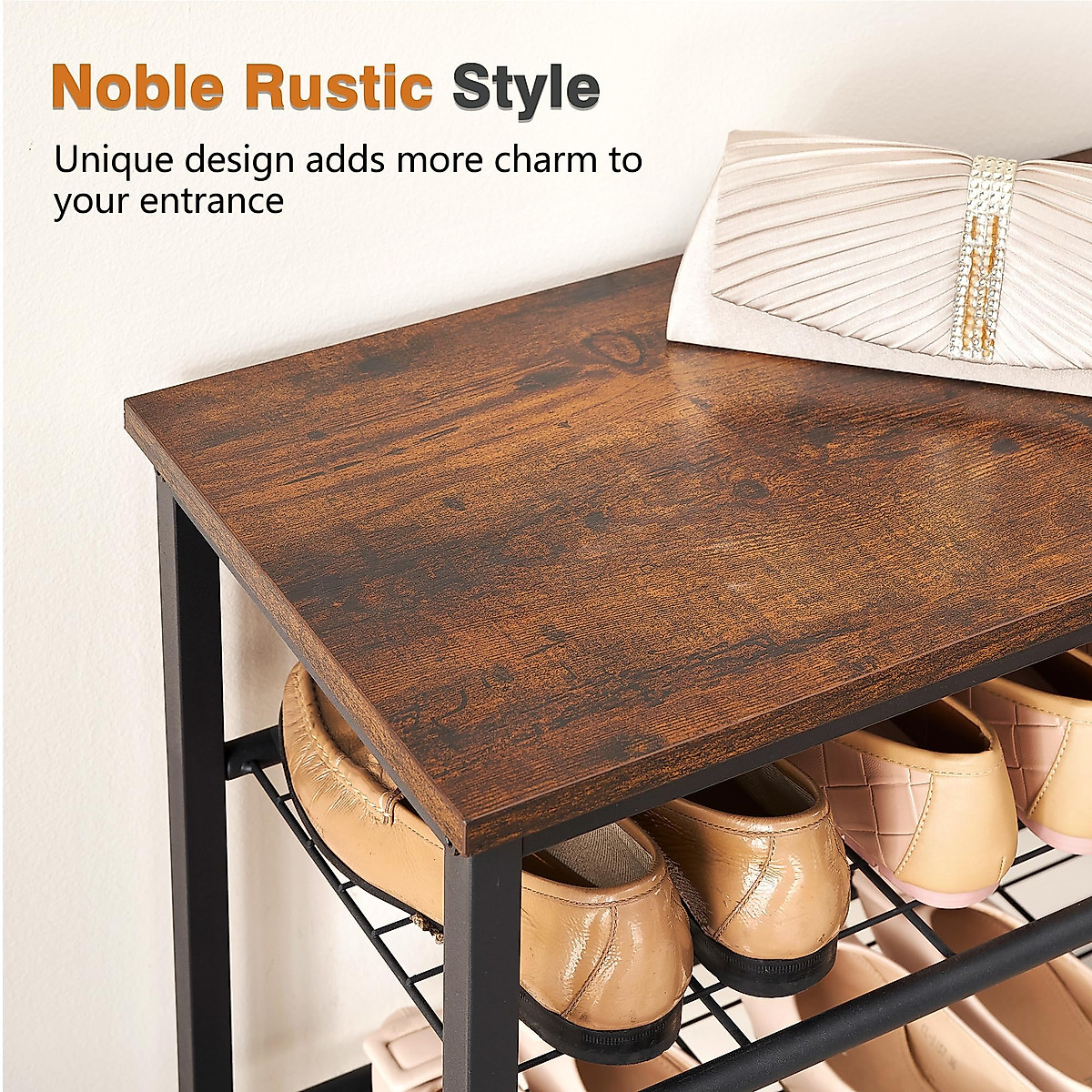 coucheta Shoe Rack for Entryway, 5 Tier Shoe Storage Rack for 12-16 Pairs of Shoes, Shoe Rack Adjustable Shoe Organizer with Sturdy Wooden Top and Mesh Storage Basket, Industrial Style, Rustic Brown