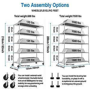 5 Tier NSF Metal Shelf Wire Shelving Unit, 7500lbs Capacity Heavy Duty Adjustable Storage Rack with Wheels & Shelf Liners for Commercial Grade Utility Steel Storage Rack , 82"H x 60"L x 24"D - Chrome