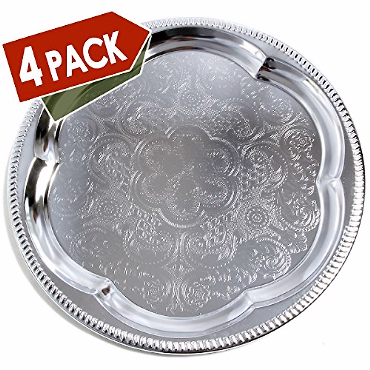 Maro Megastore (Pack of 4) 13.8-Inch Elegant Round Floral Pattern Engraved Catering Chrome Plated Serving Plate Mirror Tray Platter Tableware Holiday Wedding Birthday Party Deco Art (Medium) T226-4pk
