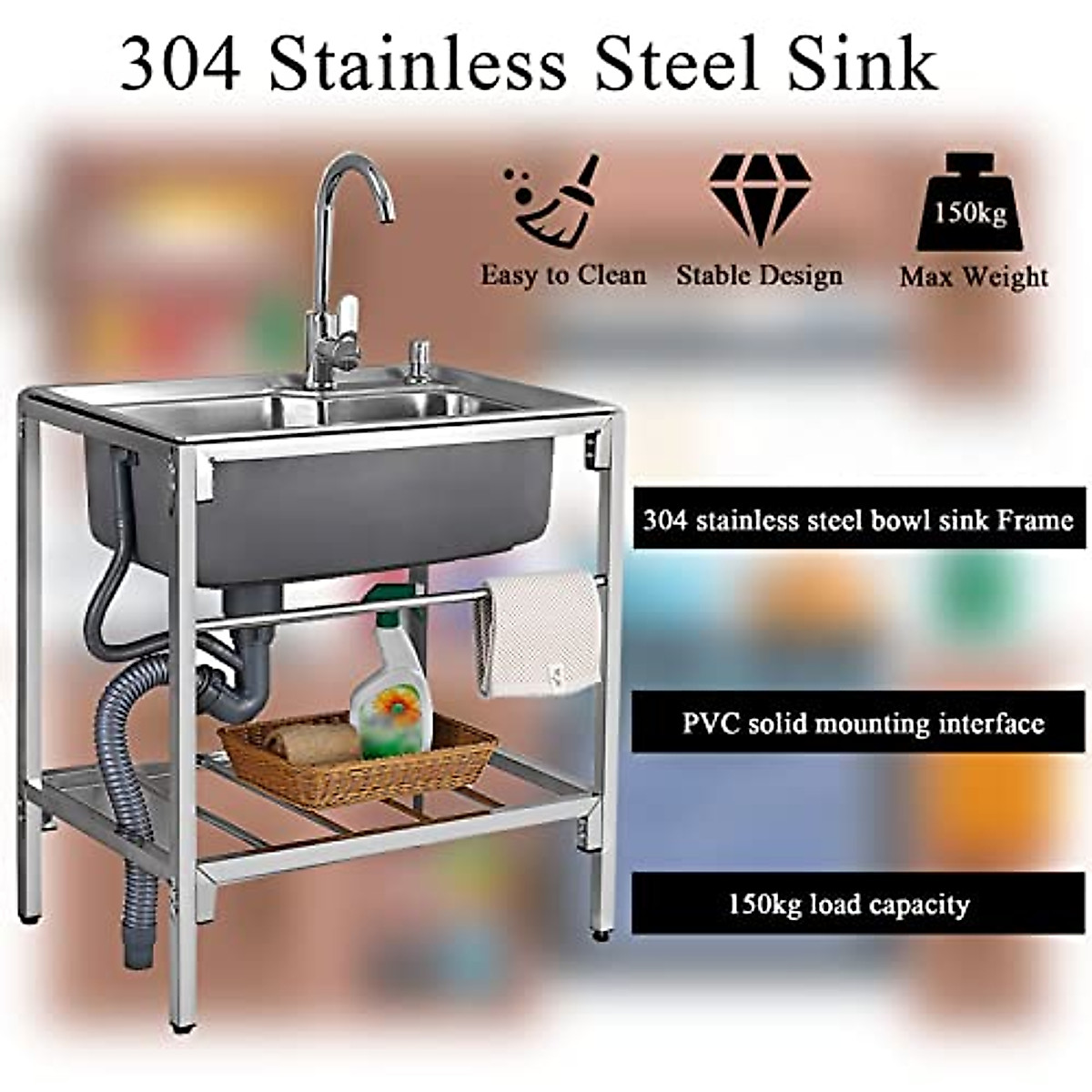 Stainless Steel Sink, 68 * 44cm Kitchen Home Sink, All-in-One Standing Utility Small Wash Basin 1 Compartment Hygienic Robust Sink for Outdoor Indoor Garage Kitchen Laundry