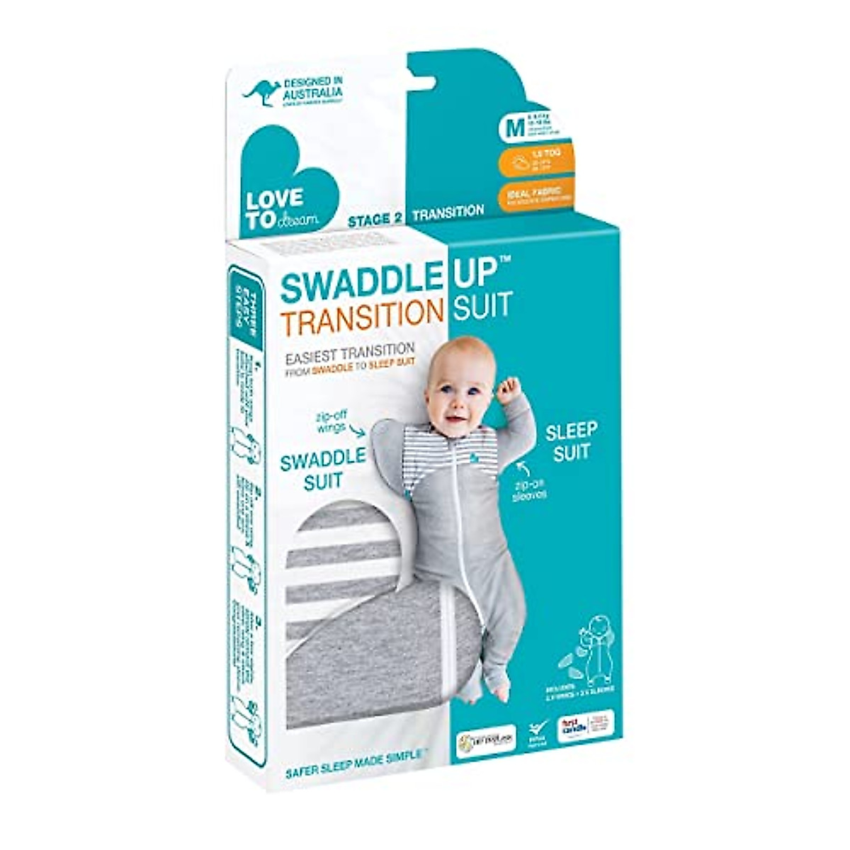 Love to Dream Swaddle UP Transition Suit, Gray, Medium, 13-19 lbs, Patented Zip-Off Wings and Unique Self-Soothing Sleeves, Safely Transition from Swaddled to Arms-Free Before Rolling Over