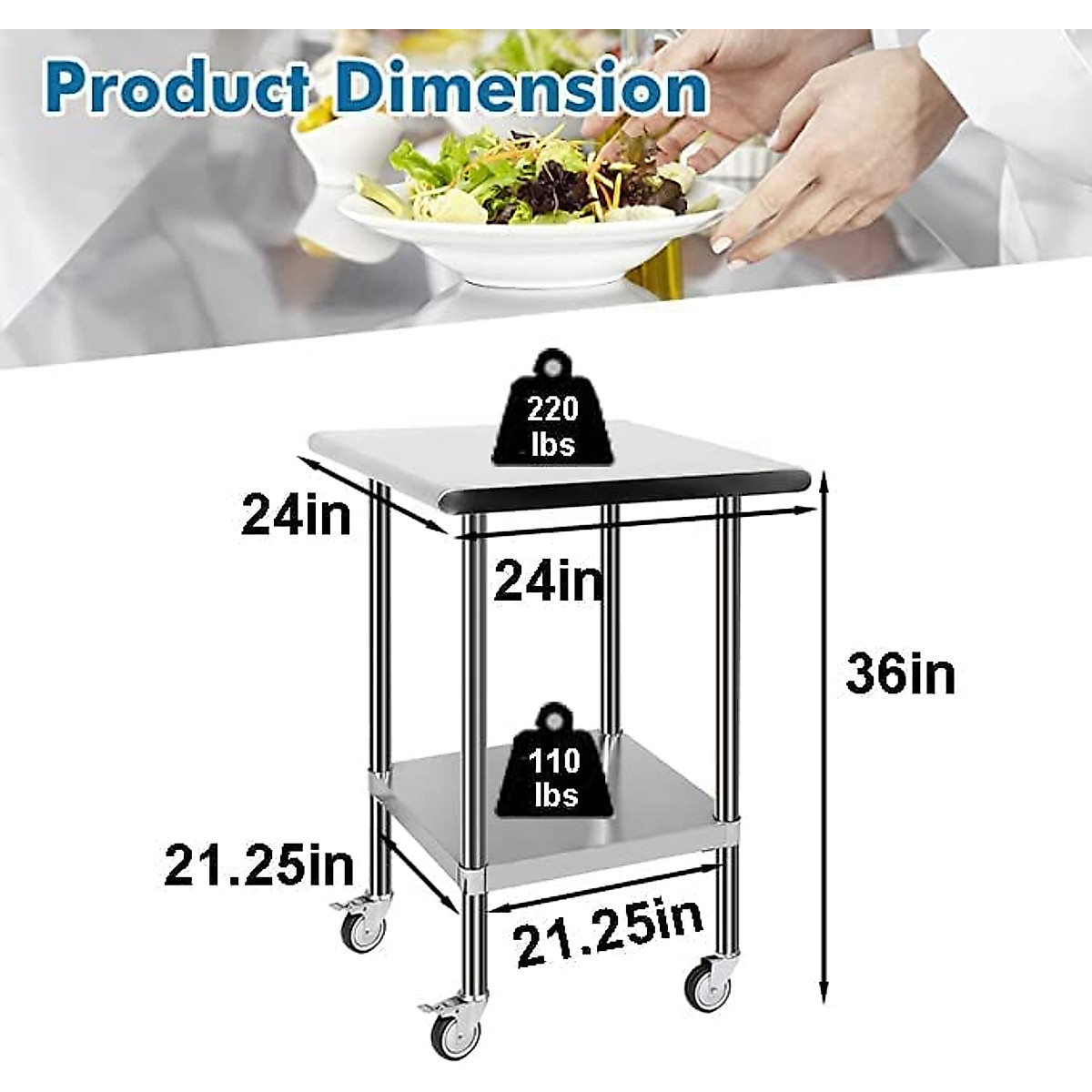 MYOYAY Commercial Stainless Steel Table with Caster Wheels 24"x24" Kitchen Worktables with Backsplashs Prep Food Workbench Under Shelf 110~220lbs Capacity for Restaurant