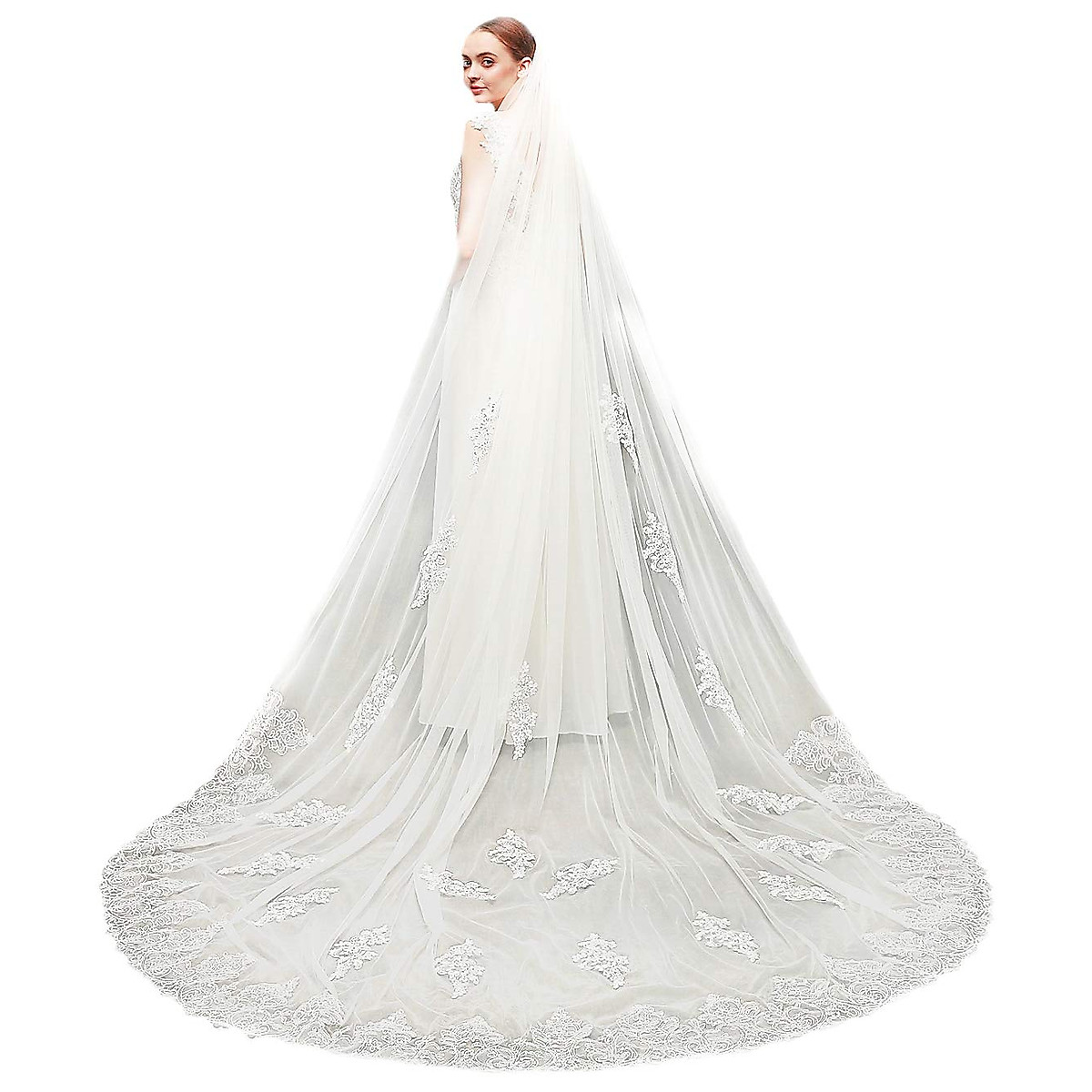 EllieHouse Cathedral 1 Tier Sequin Lace Wedding Bridal Veil White