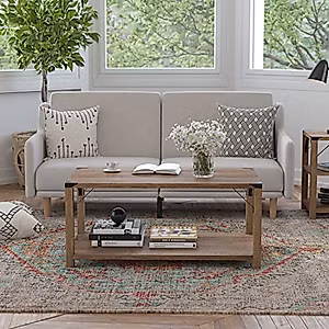 Flash Furniture Wyatt Modern Farmhouse Wooden 2 Tier Coffee Table with Metal Corner Accents and Cross Bracing, Set of 1, Rustic Oak