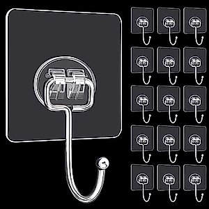 DKHDBD Large Adhesive Hooks, 16-Pack Hold 44lb(Max) Heavy Duty Sticky Hooks, Waterproof Transparent Hooks for Hanging, Self-Adhesive Traceless Clear Wall Hooks to Use for Keys Robe & Towel