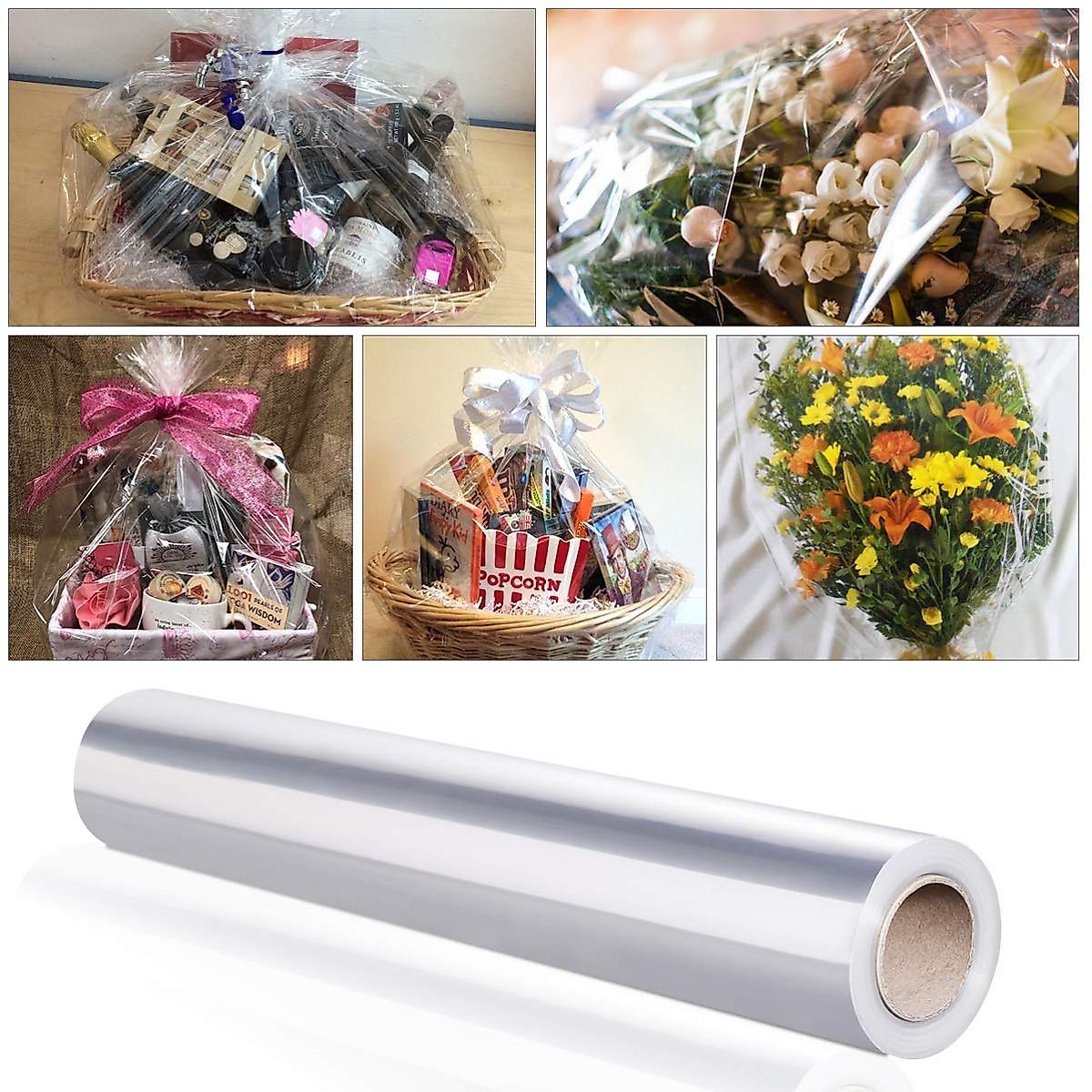 STOBOK Clear Cellophane Wrap Roll - Unfolded Width 31.5 in x 100 Ft 3 Mil Thicken Transparent Long Film Gift Wrappings for Flowers Craft Basket Packing Paper