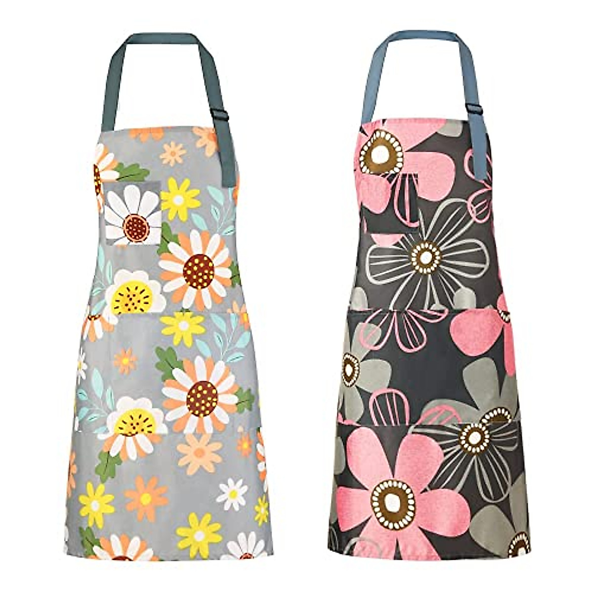 2 Pcs Kitchen Apron, Cooking Apron for Women, Adjustable Chef Apron, BBQ Aprons with 4 Pockets for Home Kitchen Baking Gardening