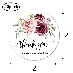 Burgundy Floral Thank You Stickers, 2 Inch Wedding Bridal Baby Shower Party Labels 40pack