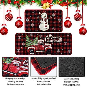 Drydiet 2 Set Buffalo Plaid Christmas Kitchen Rugs Snowman Snowflake Red Truck Kitchen Rug Xmas Non Slip Christmas Kitchen Mat for Winter Home Kitchen Christmas Decor, 17 x 29 Inch and 17 x 49 Inch