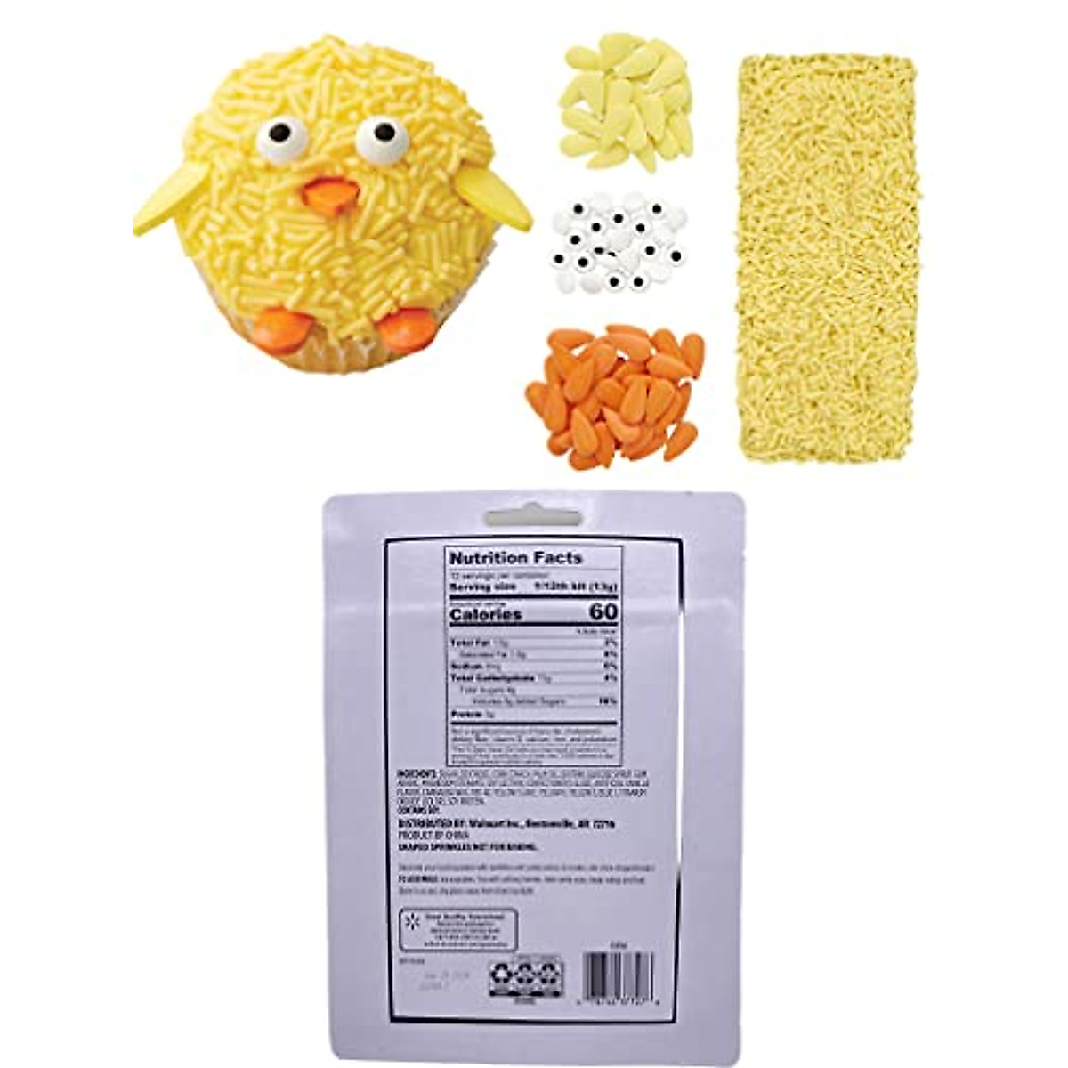 Spring Chick Cupcake Decorating Kit for ADORABLE Baby Chick Cupcakes! White Cake Mix, Vanilla Frosting, White Cupcake Liners and Candy Eyes, Orange Candy Beak, Yellow Candy Wings and Yellow Sprinkles. Cute Easter Spring Cupcake Decorations for Family, Kid
