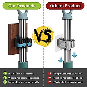 OLBET Farmhouse Mop And Broom Holder Wall Mount - Rustic Wooden Broom Organizer Wall Mount - 2 Pack - Classical Heavy Duty Storage Garden Tool Organizer Wall Hanger - Walnut Grain