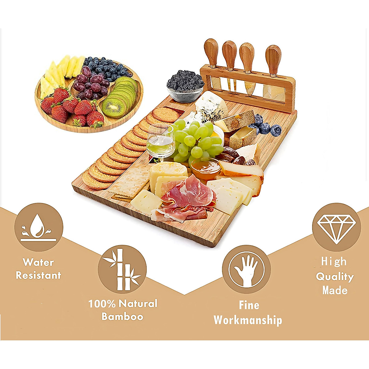 Cheese Board and Knife Set,Bamboo Charcuterie Board Set with Round Tray,Cheese Platter Serving Tray,Cheese Plate Set,Perfect, Birthday，Housewarming