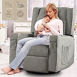 OPRISEN 360° Manual Swivel Recliner Swivel Rocker Recliner Chair for Nursery Overstuffed Wingback Glider Chair w/Side Pockets/Cup Holders (Beige)