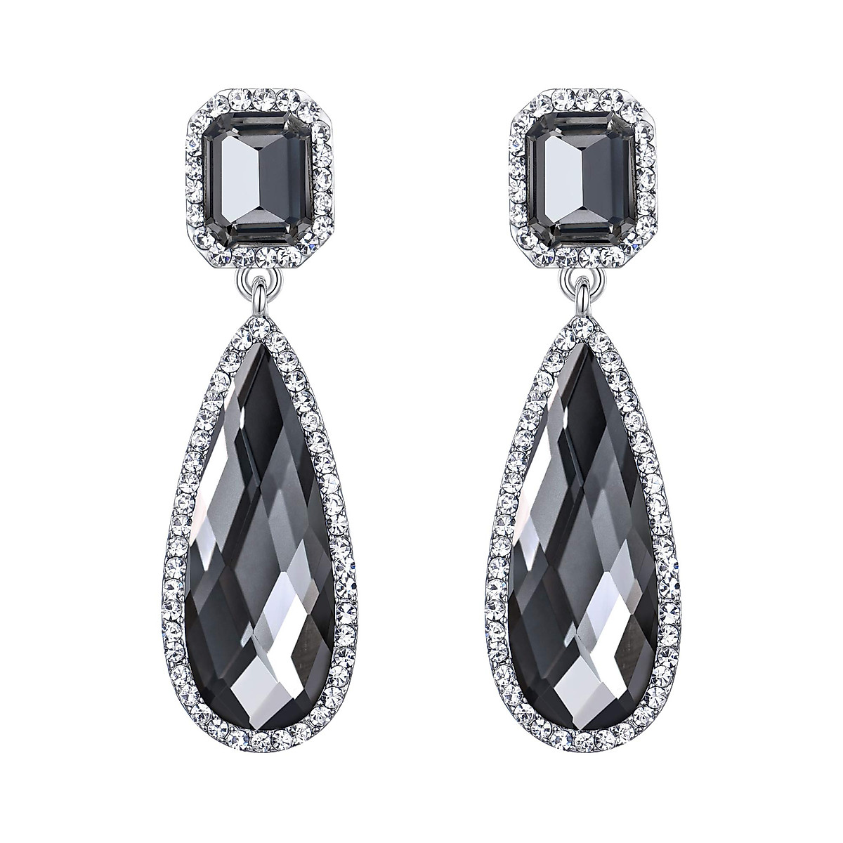 BriLove Wedding Bridal Dangle Earrings for Women Crystal Asscher Cut Elongated Faceted Teardrop Infinity Earrings Grey Black Silver-Tone