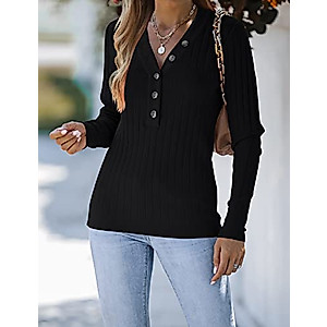 MEROKEETY Women's Long Sleeve V Neck Ribbed Button Knit Sweater Solid Color Tops Black