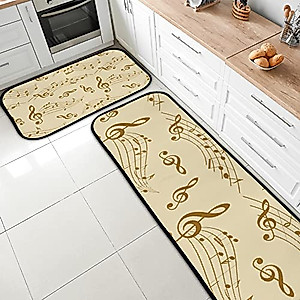 Vantaso Kitchen Floor Mat Rug Beige Wavy Music Notes Set of 2 Cushioned Non-Slip Comfort Runner Rugs