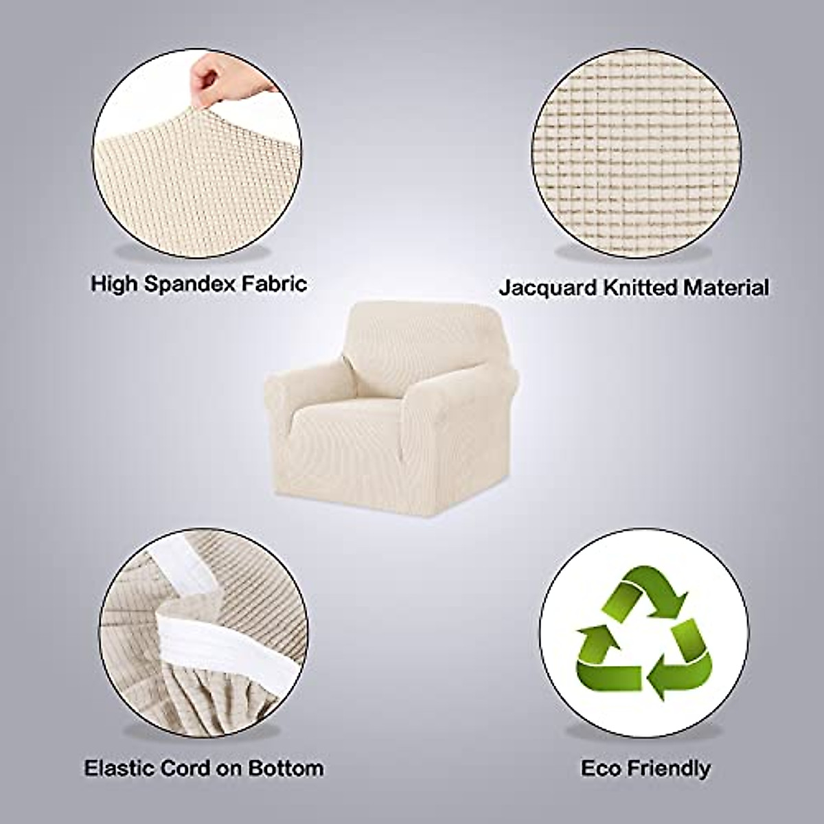 H.VERSAILTEX Stretch Chair Sofa Slipcover 1-Piece Couch Armchair Cover Furniture Protector Fit Chair Width Up to 47 Inches Soft with Elastic Bottom for Kids(One Seater Chair, Natural)
