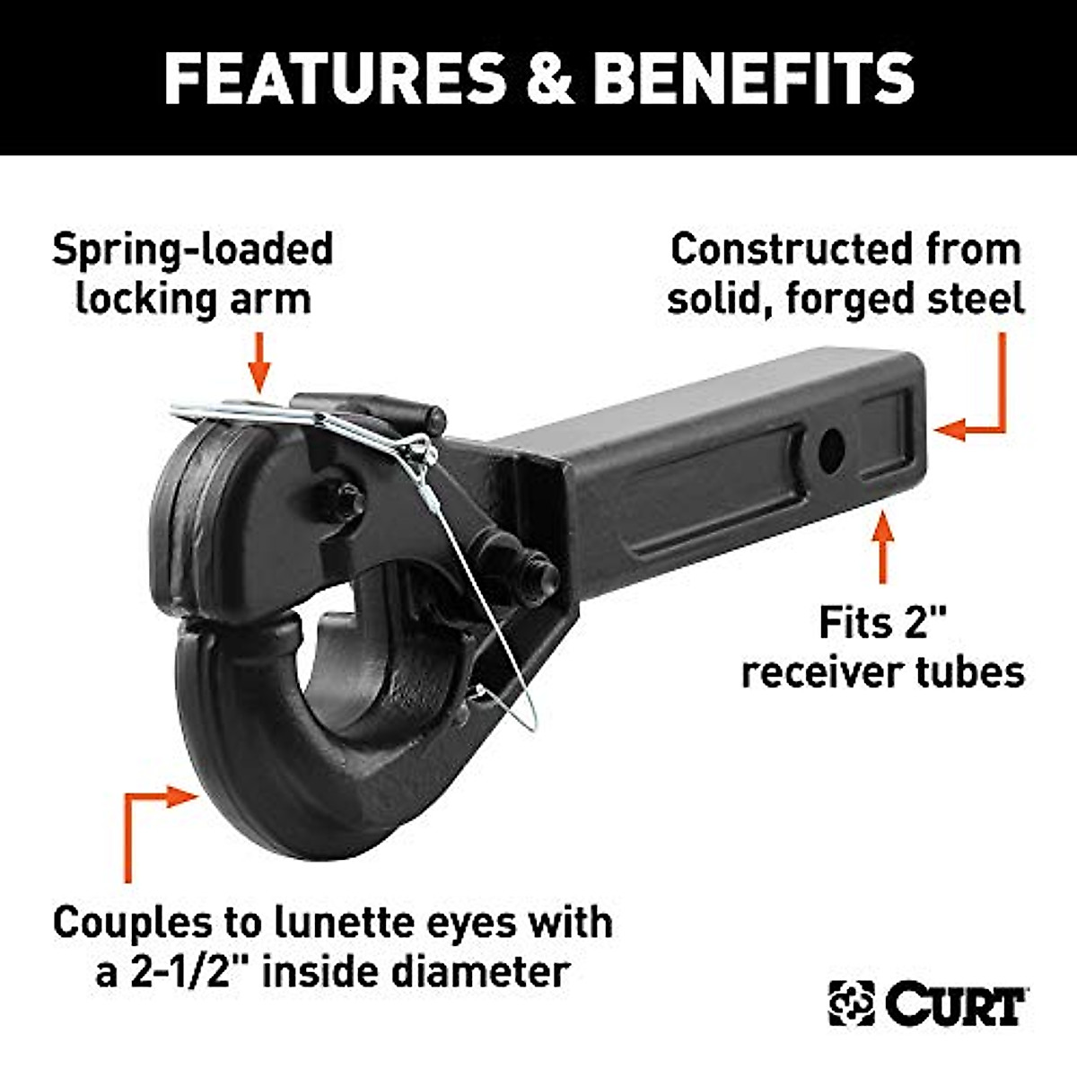 CURT 48004 Pintle Hook Hitch for 2-Inch Receiver, 20,000 lbs, Fits 2-1/2-Inch Lunette Ring, GLOSS BLACK POWDER COAT