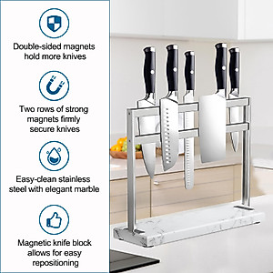 YIIYIIN Magnetic Knife Block with Marble Base - Double Sided Magnetic Knife Stand - Magnetic Knife Holder - Kitchen Knife Storage - Knife Holders for Counter Top - Marble White