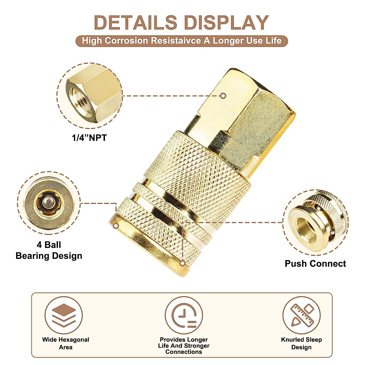 Toolsland 10 Pack Female Air Coupler, 1/4-Inch NPT Thread Quick Connect Air Tool Fittings, Industrial M Style Coupler with Brass Finish for Quickly and Safely Disconnect Air Hose