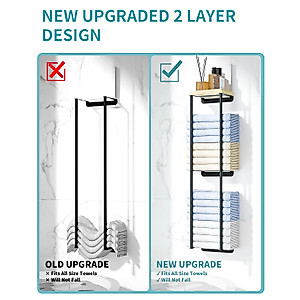 Towel Racks for Bathroom, 2 Tier Wall Towel Holder with Wood Shelf, Metal Wall Mounted Towel Rack Bathroom Organizers and Storage, Black